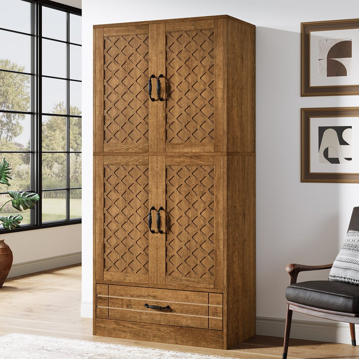 Millwood Pines 70 "Standard Storage Bookcase with Door and Drawer, Farmhouse Tall Book Cabinet ...